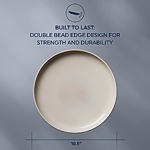 Corelle Stoneware 4-Piece Ceramic 10.5" Dinnerware Plate Set, High Edge Raised Rim Flat Dishes, Modern Rustic Handcrafted Artisanal Double Bead Glaze, Oatmeal