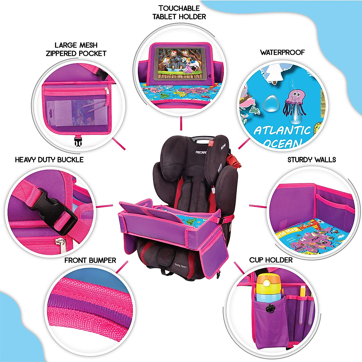 ECOFANTASY 2 PK Kids Travel Tray w/Dry Erase Top - Car Seat Travel Tray Table for Toddler - Travel and Road Trip Essentials Kids - Car Lap Desk with Storage