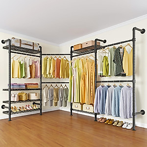 Timate L4 L Shape Garment Rack Heavy Duty Clothes Rack for Hanging Clothes, Expandable Industrial Pipe Clothing Rack, Wall Mounted Closet Organizer Large Wardrobe Closet Kit Corner Closet System Black