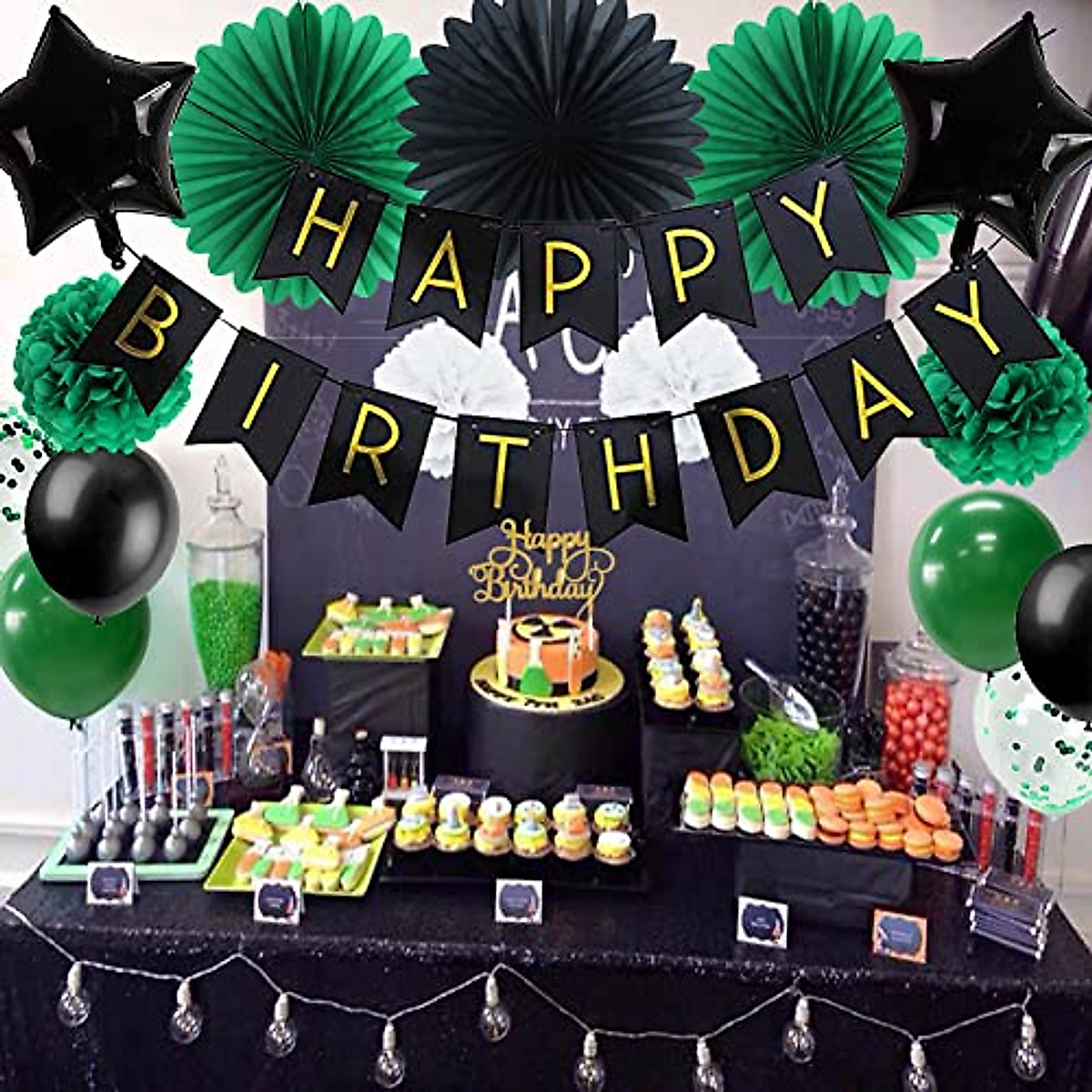 Green Black Birthday Decorations for Men with Happy Birthday Banner Hanging Paper Fans Pom Poms Confetti Latex Balloons Boys Gaming Party Supplies