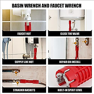 YBQSPLY Basin Wrench,8 in 1 Faucet and Sink Installer Multi Tool,Multi-Purpose Plumbing Wrench Faucet Wrench Sink Wrench Plumbers Wrench for Pipe and Tub Drain Removal Nut Wrench (Two-way Red)