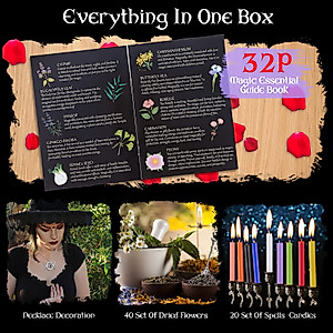 SHYSHINY Witchcraft Supplies Kit, 145Pack Wiccan Supplies and Tools Witchy Gifts for Beginners, Dried Herbs, Crystals, Candles, Green Witch Altar Starter Spell