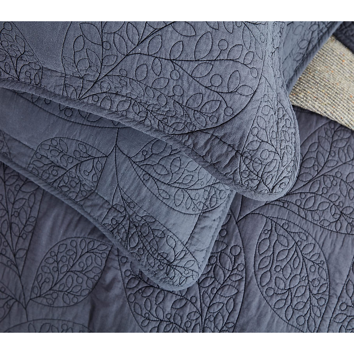 CHIXIN Botanical Cotton Quilt Queen Size - Real Stitching Leaf Pattern - Quilted Bedspread Coverlet Set, Ultra Soft, Lightweight, Reversible, 3 Piece, Dark Grey