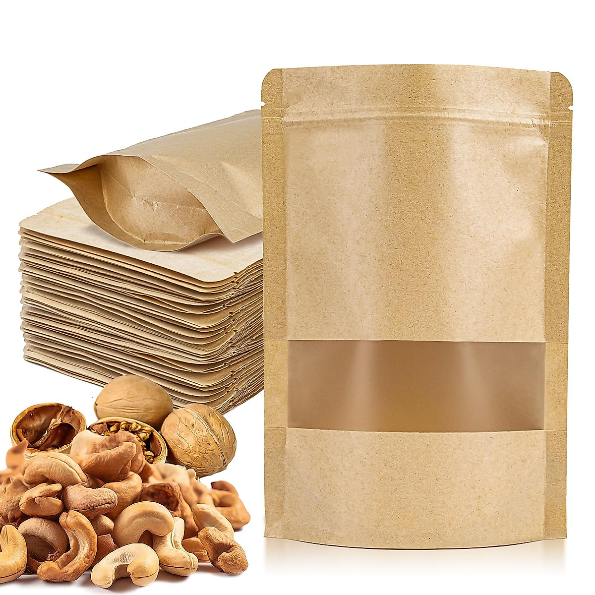 MAQIHAN 46 Stand Up Pouches Bags - 5.9"×8.6" Resealable Ziplock Kraft Paper Bags Window Food Packaging Homemade Bagel Bread Cookie Candy Tea Herb Spice Coffee Jerky Dog Treat Bags Small Business