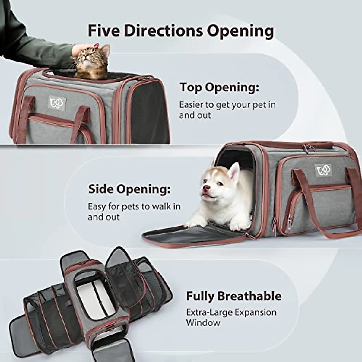 Expandable Cat Carrier, Pet Carrier Airline Approved 2 Sides Expandable Pet Carrier with Removable Fleece Pad, Large Cat Carrier TSA Approved Pet Carrier for Cats Dogs and Small Animals - Grey