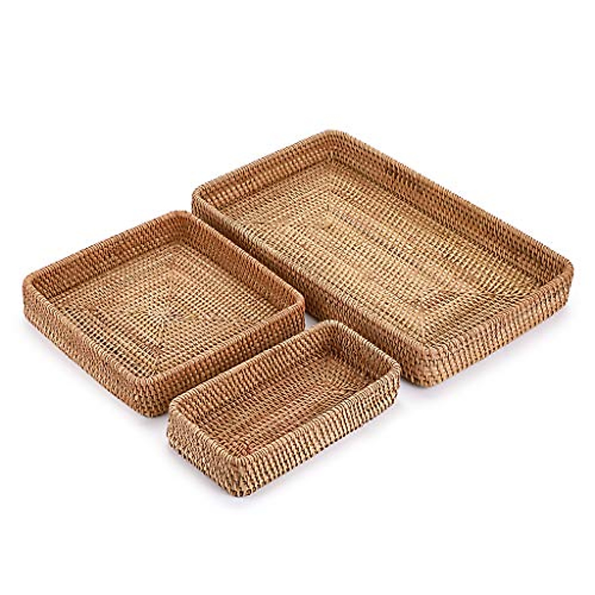 Hipiwe Large Rattan Serving Tray, Handwoven Wicker Basket Organizer Tray, Rectangle Tabletop Breakfast Drinks Snack Fruit Storage Platter Tray for Dining, Coffee, Home Decor (Set of 3)