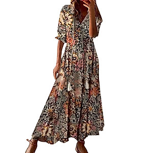 Cnebo New Women's Medium and Long Sleeve Dress with Tassels Wide Bohemian Print V Neck Sexy Summer Dresses for Women 2023 Khaki