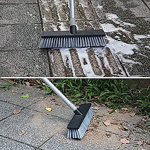 Hard Bristle Deck Broom Adjustable Long Handled Scrub Brush Heavy Duty Concrete Push Broom Outdoor Brush Garage Broom Wood Large Floor Scrubber 27-42 inch Balcony Broom -Multi Segment Handle