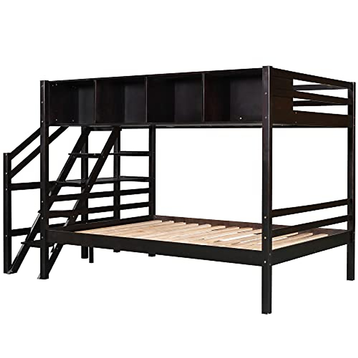 DEYOBED Twin Over Full Wooden Bunk Bed with Storage Staircase and Cabinets for Kids Teens