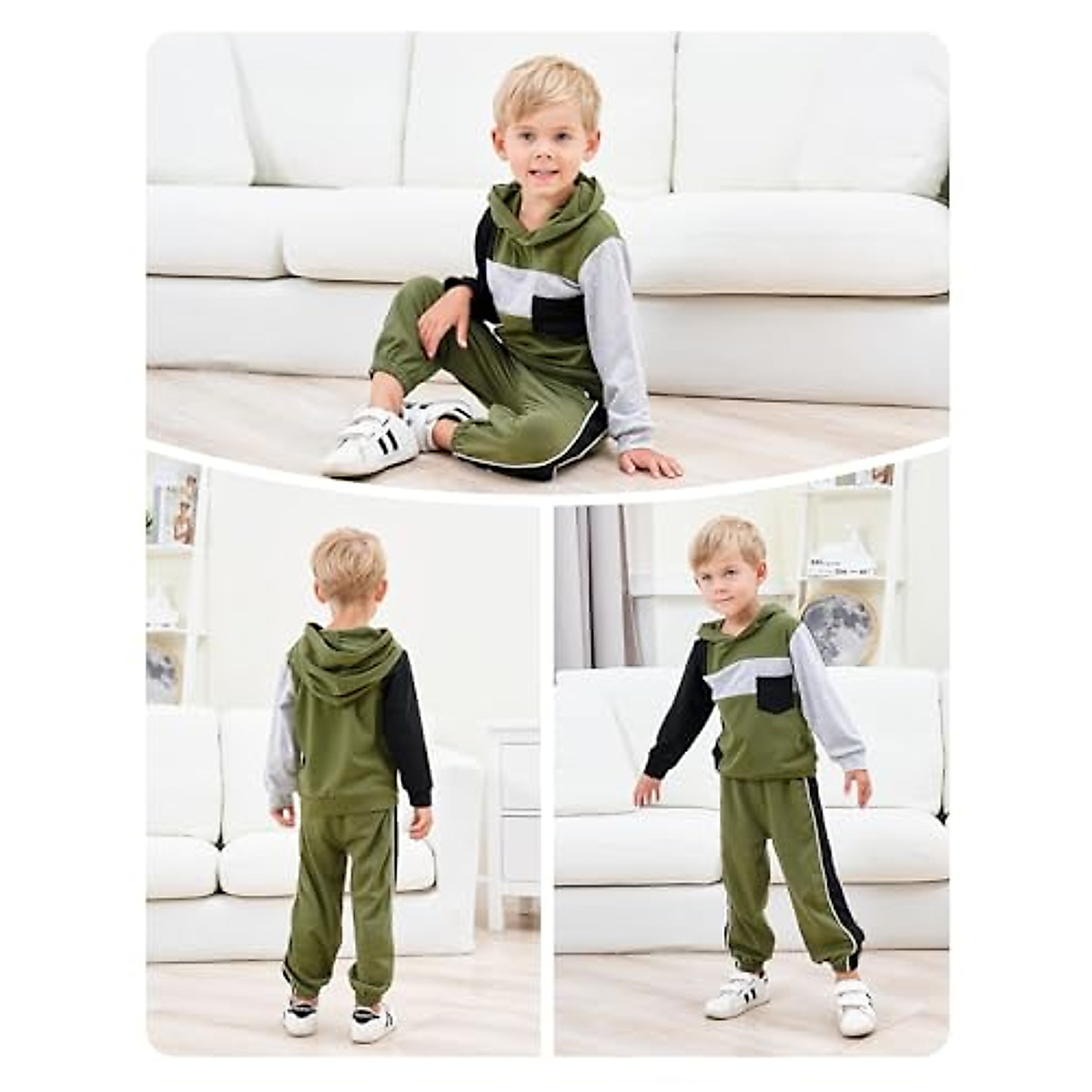 itkidboy Toddler Baby Boy Clothes Long Sleeve Hooded Pullover Striped Sweatshirt + Pants 2Pcs Outfits 18M-6T Set