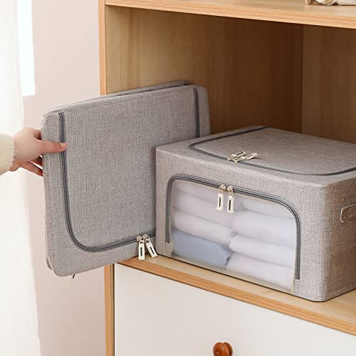FAikhom 3 Pack Clothes Storage Bins Stackable Storage Box Large Capacity Foldable Metal Frame Storage Container Organizer with Mesh Window and Carrying Handles (Small-22L, Light Gray)