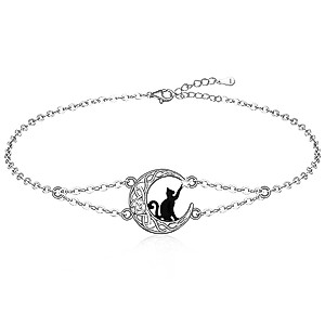 Black Cat Bracelet Sterling Silver Charm Celtic Moon Cat Friendship Matching Bracelets for Women Cute Animal Fun Kitten Halloween Cats Lover Gifts