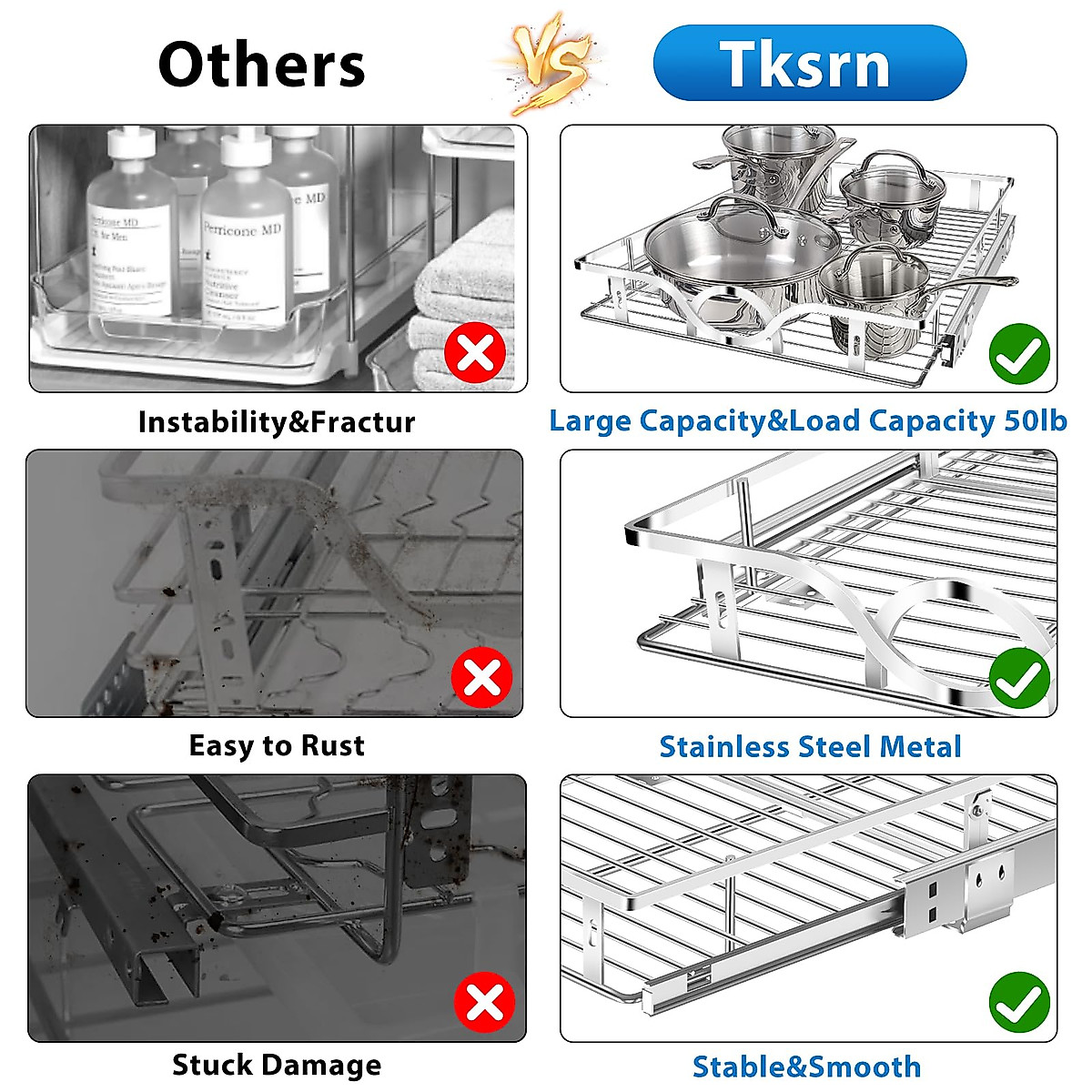 Tksrn Pull Out Cabinet Organizer(14" W x 21" D),Cabinet Drawers Slide Out Shelves for Kitchen,Under Sink Organizer Storage for Cabinet in Home, Pantry, Bathroom（NEED 15" W and 22" D Cabinet）