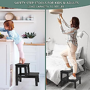 Domax Bamboo Wooden Step Stools for Kids - Toddler Step Stool for Bathroom Sink High Bed Toilet Kitchen Helper Wood Step Stool for Bedside for Adults Non-Slip Waterproof 2 Stepping Stool, Black