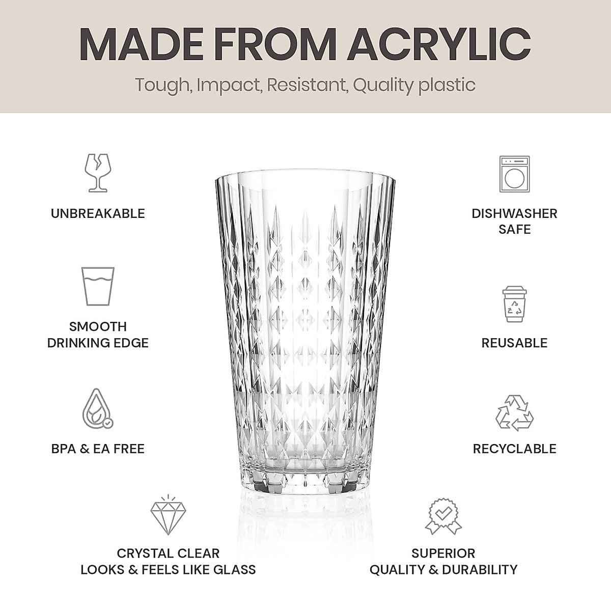 BELLAFORTE Shatterproof Acrylic Tall Tumbler, Set of 4, 19oz - Bondi Beach Stackable Drinking Glasses - Unbreakable Plastic Drinking Glasses for Party, Gifting - BPA Free - Dishwasher Safe - Clear