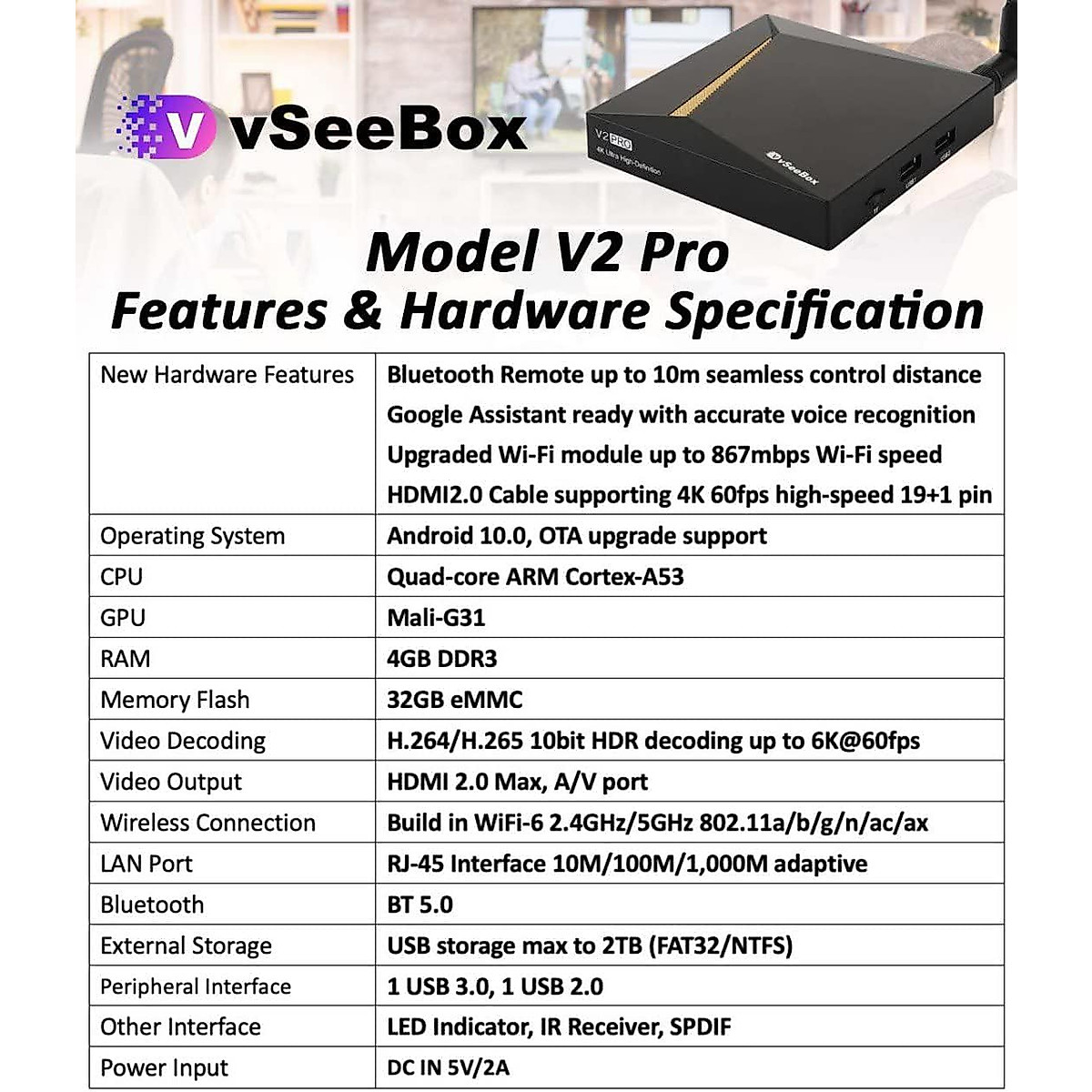 2024 vSeeBox V2 Pro, Fastest Android TV Box with Voice Remote Control, and HDMI Cable (4GB RAM+ 32 GB ROM)