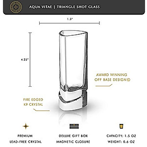 JoyJolt Aqua Vitae Shot Glass Set of 4. Crystal Shot Glasses, Triangle Clear Shot Glasses Set with Off Set Base. 1 – 2 oz Cups for Tequila, Limoncello, Vodka or Aperitif. Fun Christmas Gifts