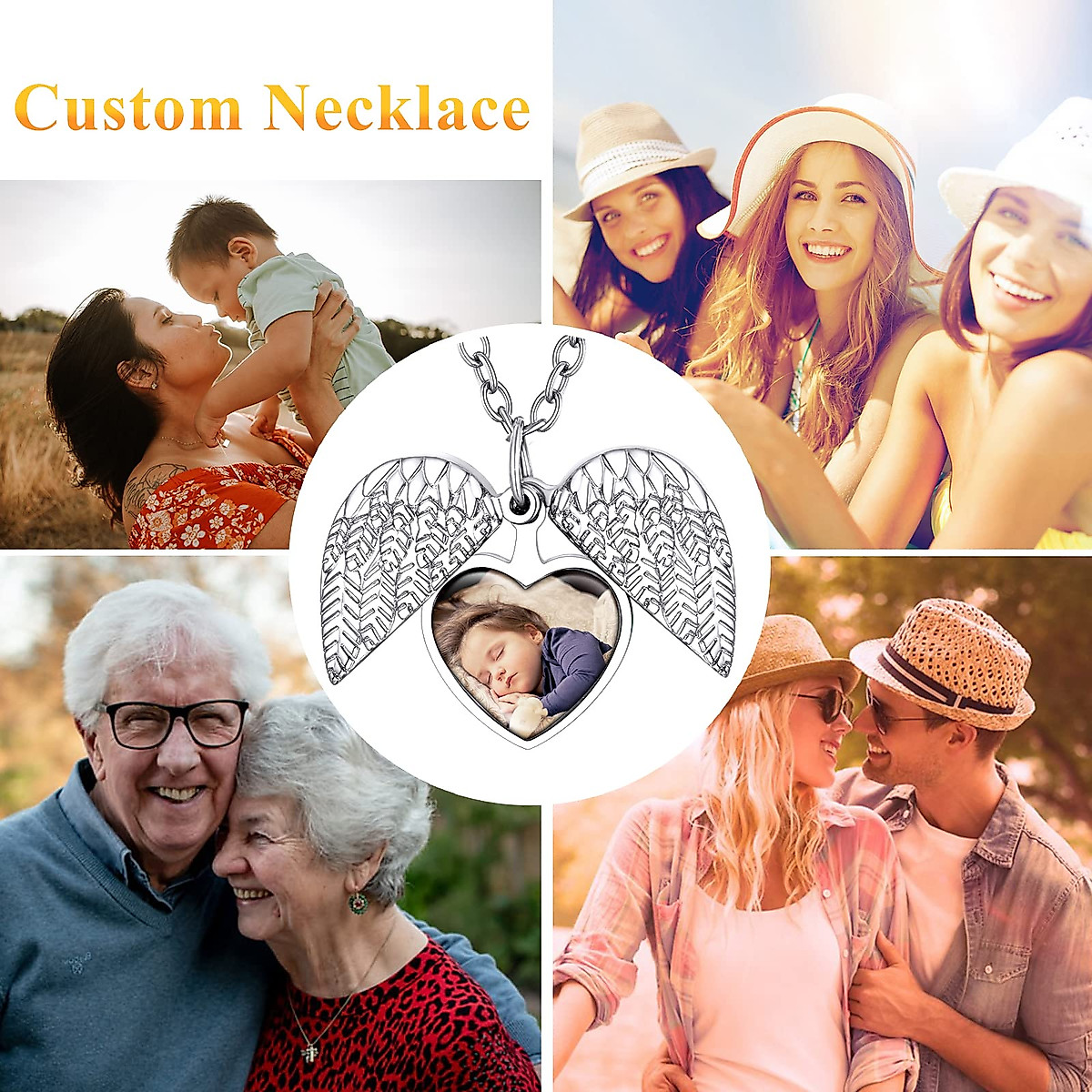 Photo Necklace Personalized Necklaces for Women Heart Locket Custom Photo Gifts Customize Necklace Angel Wing Necklace Memorial Jewelry Locket Necklace