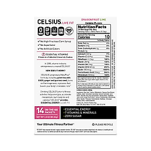 CELSIUS® On-the-Go Powder Sticks Dragonfruit Lime, Essential Energy 2.8 Oz (14 Sticks per Pack)