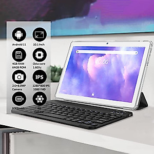 2024 Newest 10.1 Inch Android Tablet With Keyboard - 5G WIFI Tablets Ultra-Portable- RAM 4GB | ROM 64GB 128GB Expandable -6000mAh | Dual Camera | Bluetooth 5.0| 1080FHD | GPS | Mouse/Stylus-Silver