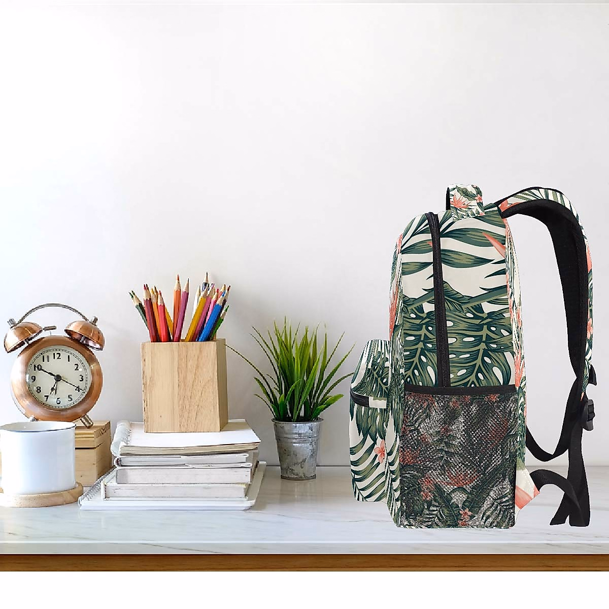 Oarencol Tropical Palm Leaves Flower Backpacks Pink Florals School Book Travel College Shoulder Bag for Women Girls Men Boys