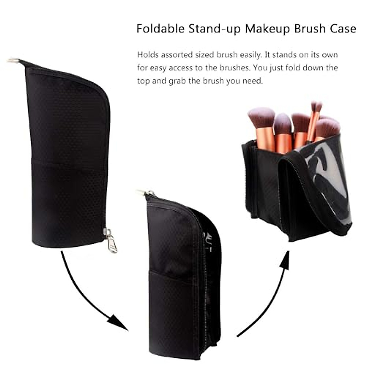 Makeup Brush Case Travel Makeup Brush Holder Large Makeup Brush Bag Professional Cosmetic Bag Artist Storage Bag Essentials Stand-up Foldable Makeup Cup Waterproof （Black, Large）