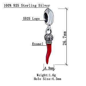 Red Italian Horn Charm Pendant, 925 Sterling Silver Italy Corno Chili Pepper Dangling Bead, Fit Pandora Style Bracelet Necklace, Lucky Gift for Valentines Day/Mum/Dad