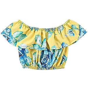Kids Baby Girls Outfits Floral Ruffle Off Shoulder Crop Tops + Bowknot Denim Shorts Skirt Set Toddler Summer Clothes (5-6 Years, Blue)