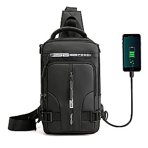 JBB Waterproof Sling Bag Crossbody Backpack for Men Women Multipurpose Waist Pack with USB Charging Port for Hiking Walking Black