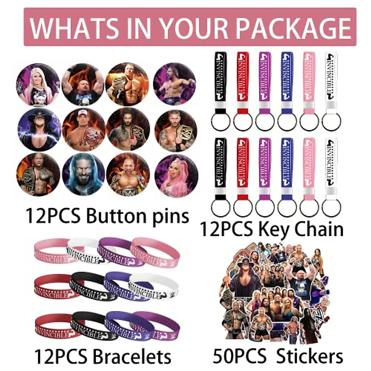 Heidaman Wrestling Party Supplies,Wrestling Birthday Decorations，Wrestling Party Favors, For Boy Set Includes 12 Bracelets,12 Button Pins,12 Key Chain,40 Stickers