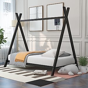 AOCOROE Metal Twin Bed Frame for Boys and Girls,Montessori Twin Size Teepee Tent Design Floor Height Platform Bed House Bed Frame, No Box-Spring Needed