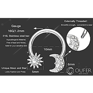 OUFER 16G Septum Rings, Star and Moon Design Nose Ring, Helix Earring, 316L Stainless Steel Tragus Daith Snug Conch Piercing Jewelry，Silver-Color