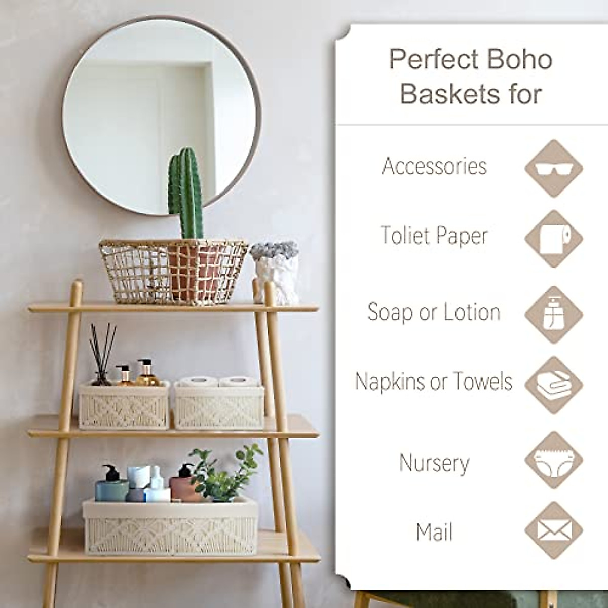 Bellzacasa Storage Baskets Boho Decor with Removable Cloth Liner Toilet Paper Basket Decorative Woven Basket for Countertop Shelf Cabinet Organizer for Bedroom Nursery Living Room Set of 3