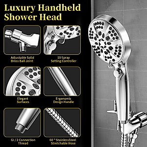 High Pressure 10-mode Handheld Shower Head Set with 60" Hose, ROOSSI Detachable Filter Shower Head with ON/OFF Pause Switch Built-in 2-Mode Tub & Tile Power Wash (Chrome）
