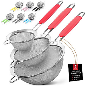 Zulay Kitchen Premium Stainless Steel Fine Mesh Strainer Set - Strainers For Kitchen (Set of 3) With Non-Slip Handles - Includes A Small, Medium & Large Fine Mesh Sieve Set - Durable Metal Strainer