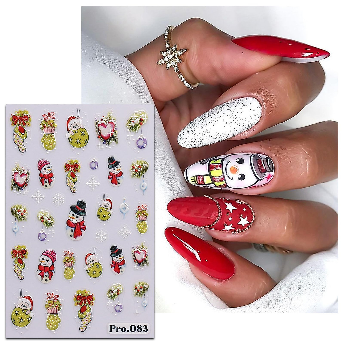 JMEOWIO 6 Sheets Christmas Nail Art Stickers Decals Self-Adhesive Pegatinas Uñas Snowflake Santa Snowman Xmas Winter Holiday Nail Supplies Nail Art Design Decoration Accessories