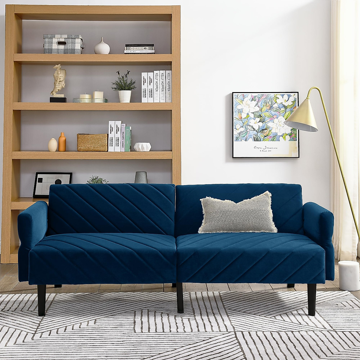 Haplized Modern Convertible Sofa Bed,Velvet Futon Couch Folding Tufted Sofa Couch with Adjustable Armrests for Apartment,Living Room,Blue