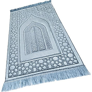 Durable Prayer Rug Muslim Mat Islamic - Luxurious Velvet Turkish Prayer Rug Sajadah for Kids Men Women for Eid Travel Ramadan, Soft and Luxury (Blue)
