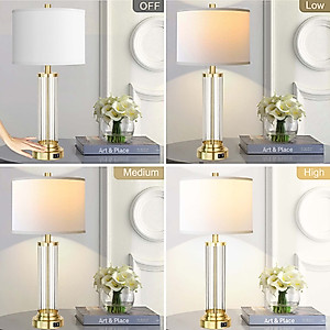 QiMH Touch Control Table Lamp Set of 2 with USB Ports, 3-Way Dimmable Nightstand Lamp with Fabric Cream Shade, Modern Bedside Lamp for Living Room Bedroom Reading, LED Bulbs Included