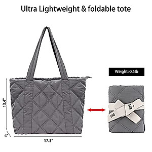 iSamzan Puffer Quilted Tote Bag for Women Puffy Padded Purse with Zipper Work School Nylon Soft Purse-Black