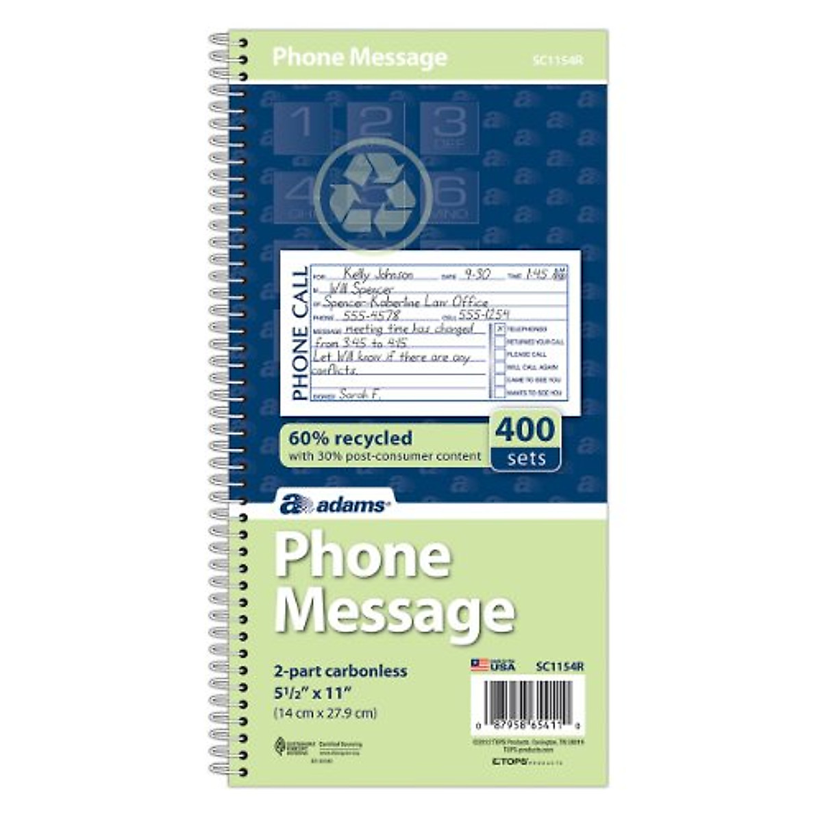 Adams Recycled Phone Message Book, 2-Part Carbonless, 4 Messages per Page, 400 Sets/Book (SC1154R) , White