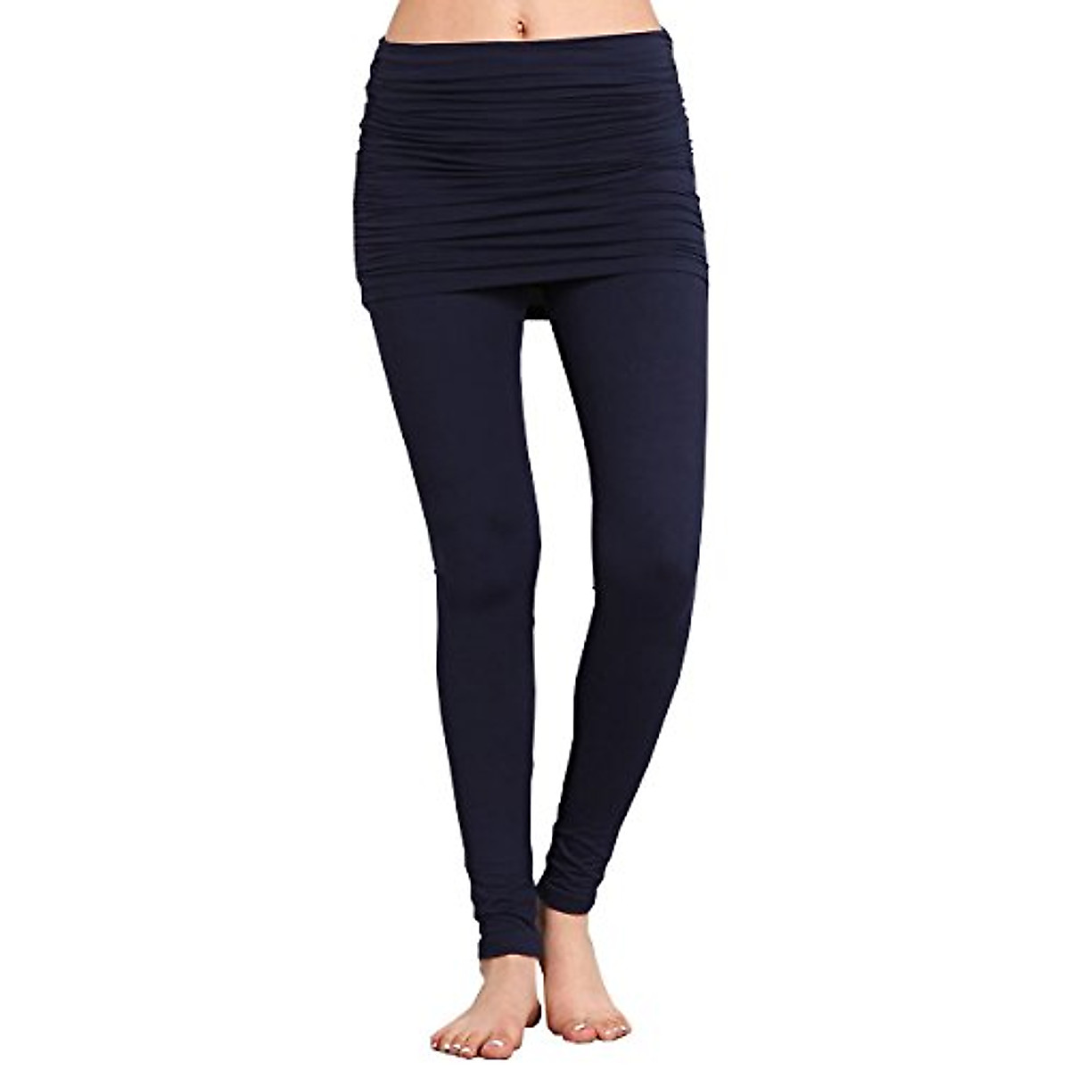 HEYHUN Womens Athleisure Ultra Soft Knit Foldover Ruched Skirted Yoga Leggings - Navy - XL
