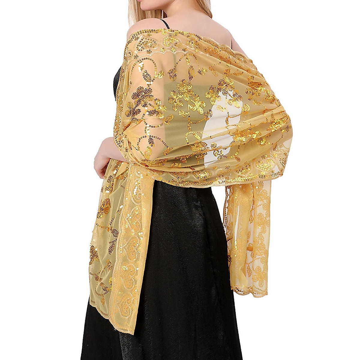 Aukmla Sequin Shawls and Wraps for Evening Dresses 1920s Lace Scarf Wedding Spakle Cape Cover Up Wedding Accessories(A Gold)