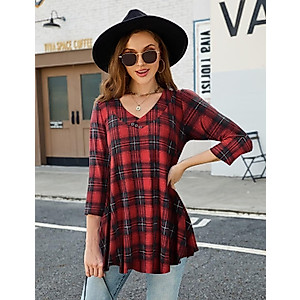 MONNURO Womens Plus Size 3/4 Sleeve V Neck Button Casual Loose Flowy Swing Tunic Tops Plaid Shirts for Leggings(Plaid Winered Pattern,1X