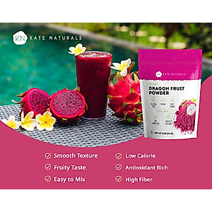 Kate Naturals Dragon Fruit Powder for Baking & Drink (4oz). Vegan, Gluten Free Dried Dragon Fruit Pink Pitaya Powder for Dragon Fruit Syrup. Dragonfruit Pitaya Powder for Smoothie & Food Coloring