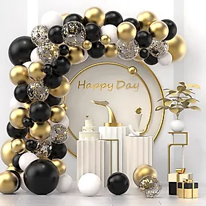 Black and Gold Balloons Garland Arch Kit, 124pcs 18 12 10 5 In Black White Metallic Gold Confetti Latex Balloons Arch Kit for Graduation Baby Shower Birthday Wedding With Balloon Strip and Gold Ribbon