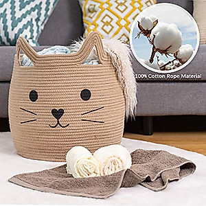 VK Living Animal Baskets Large Woven Cotton Rope Storage Basket with Cute Cat Design Animal Laundry Basket Organizer for Towels, Blanket, Toys, Clothes, Gifts – Pet or Baby Gift Baskets 15‘’ L x 14H