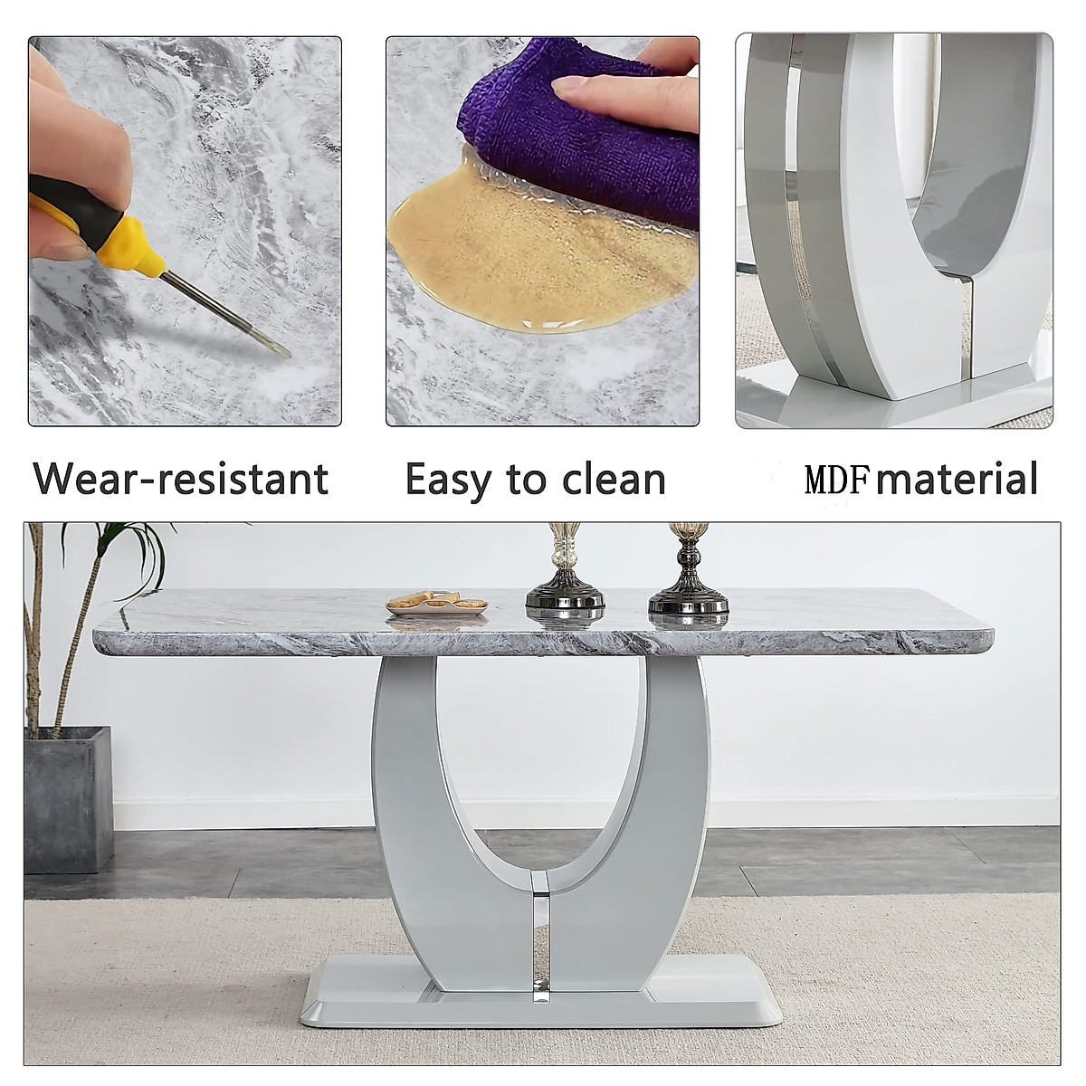 HomVent 7PCS Dining Table Set for 6,63" Dining Table with Imitation Marble Grain Table Top & High Glossy Wooden Bracket,PU Leather Chairs and Kitchen Table