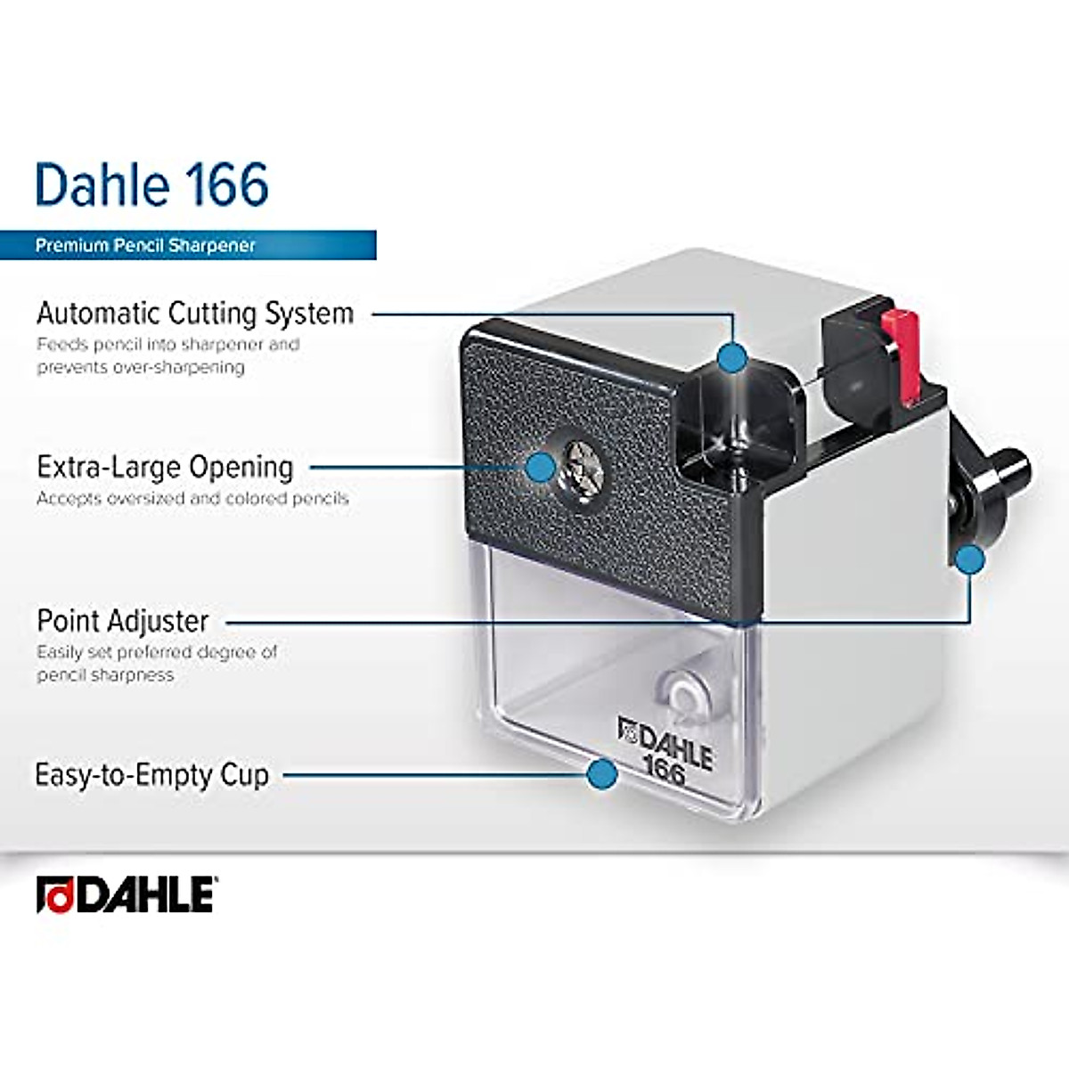 Dahle 166 Premium Pencil Sharpener w/Point Adjuster & Automatic Cutting System, Accepts Graphite & Oversized Artist Pencils