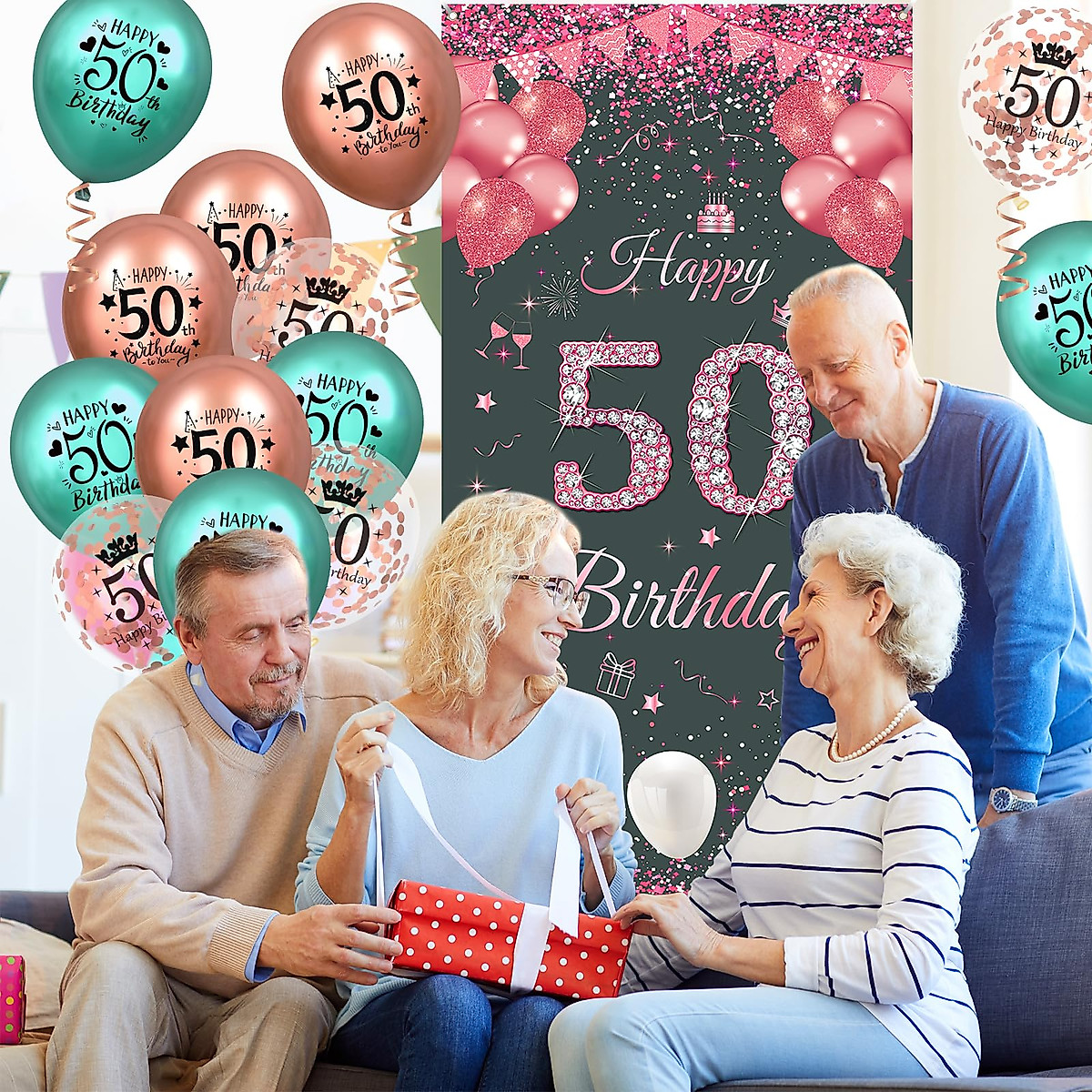 50th Birthday Party Decorations for Women Rose Gold Green Happy 50th Birthday Door Banner and 18 Pcs 50th Birthday Balloons for Women Men 50th Birthday 50 Years Anniversary Party Supplies